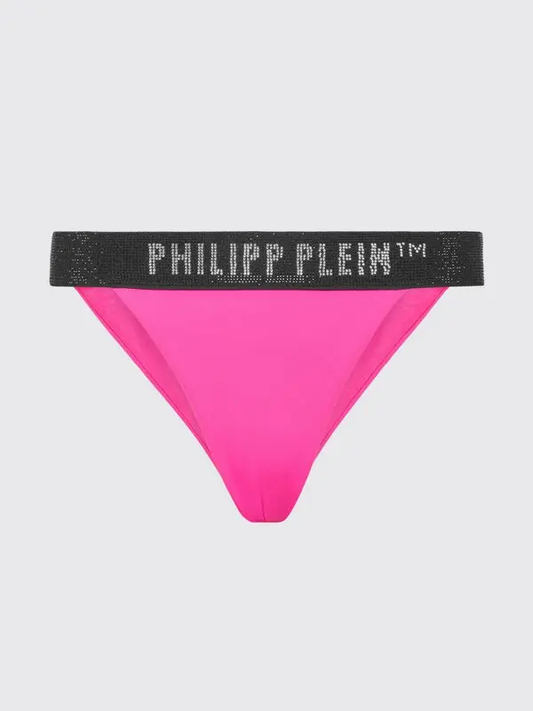 Philipp Plein Lycra Bikini Bottoms With Logo Waistband And Crystals - Fuchsia
