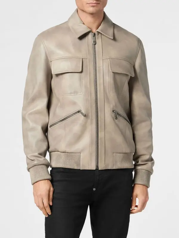 Philipp Plein Leather Bomber Jacket With Classic Collar And Patch Pockets - Beige