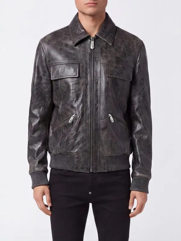 Philipp Plein Leather Bomber Jacket With Classic Collar And Patch Pockets - Grey