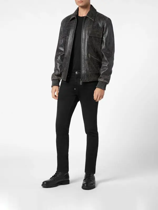 Philipp Plein Leather Bomber Jacket With Classic Collar And Patch Pockets - Grey