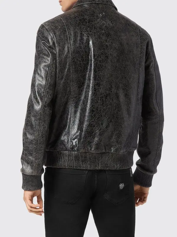 Philipp Plein Leather Bomber Jacket With Classic Collar And Patch Pockets - Grey