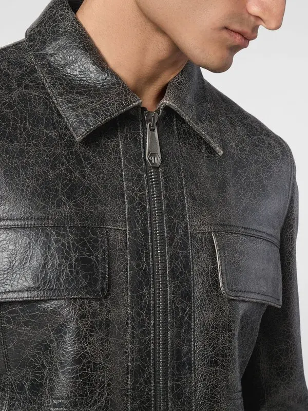 Philipp Plein Leather Bomber Jacket With Classic Collar And Patch Pockets - Grey