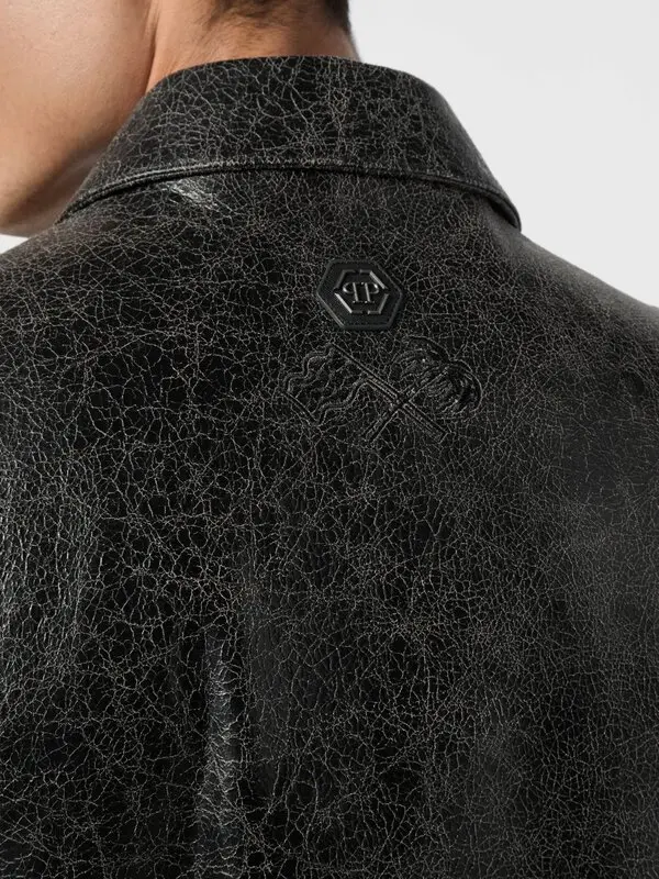 Philipp Plein Leather Bomber Jacket With Classic Collar And Patch Pockets - Grey