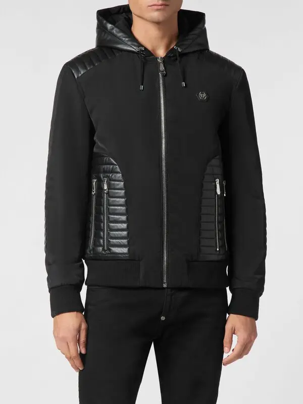 Philipp Plein Hooded Bomber Jacket With Leather Accents