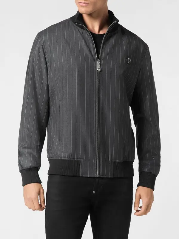 Philipp Plein Pinstripe Virgin Wool Varsity Bomber Jacket With Hexagon Logo - Grey
