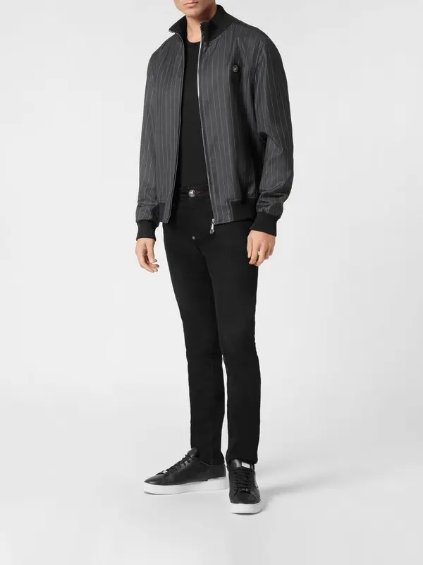 Philipp Plein Pinstripe Virgin Wool Varsity Bomber Jacket With Hexagon Logo