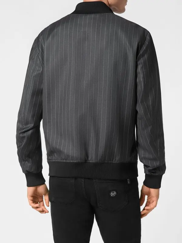 Philipp Plein Pinstripe Virgin Wool Varsity Bomber Jacket With Hexagon Logo
