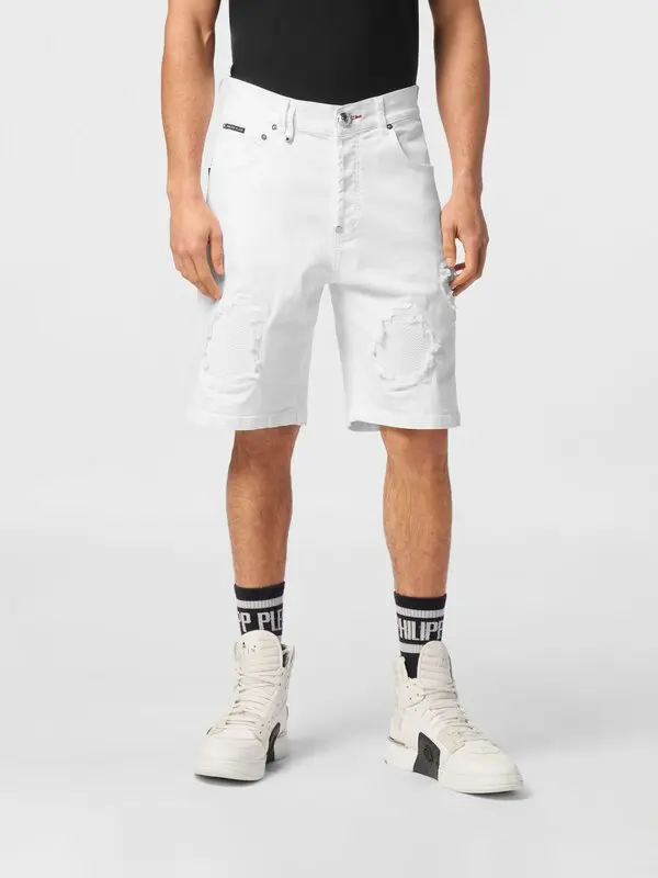 Philipp Plein Distressed Denim Shorts - White