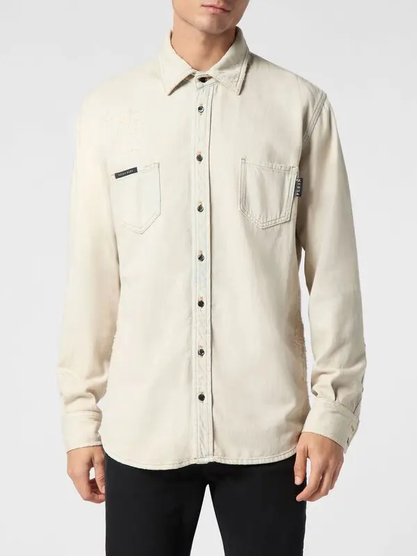 Philipp Plein Cotton Denim Shirt With French Collar And Patch Pockets