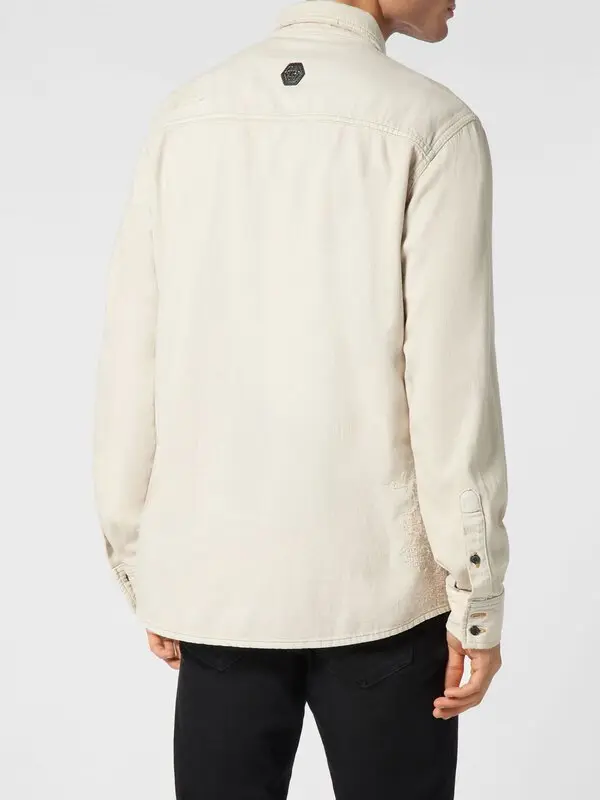Philipp Plein Cotton Denim Shirt With French Collar And Patch Pockets