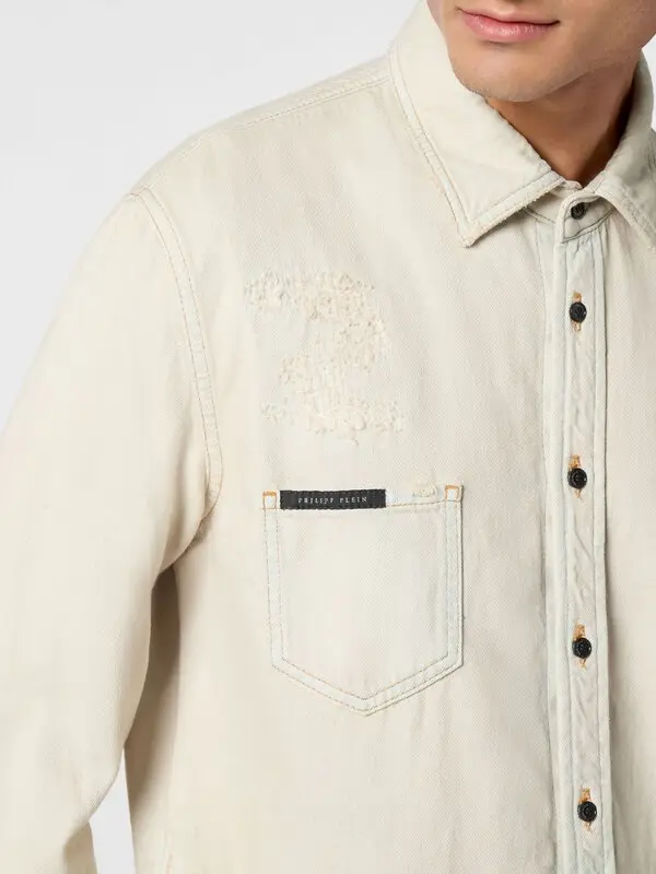 Philipp Plein Cotton Denim Shirt With French Collar And Patch Pockets