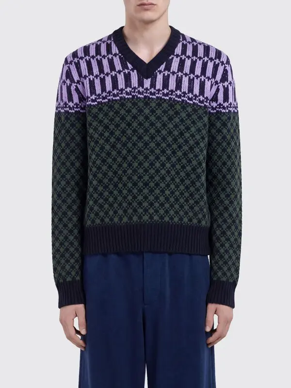 Marni V-neck Jumper In Pure Wool With An All-over Geometric Pattern