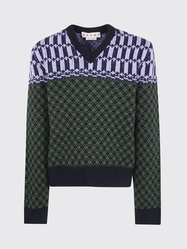 Marni V-neck Jumper In Pure Wool With An All-over Geometric Pattern