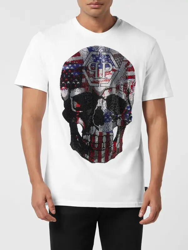 Philipp Plein Cotton Jersey T-shirt With Skull Print And Rhinestone Logo - White
