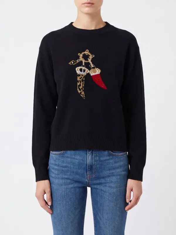 Liu Jo Wool Jumper With Graphic Print And Rhinestone Back Logo