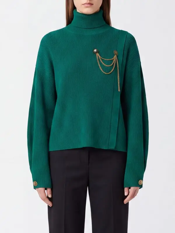 Liu Jo Ribbed Turtleneck Jumper With Brooch And Metallic Mesh