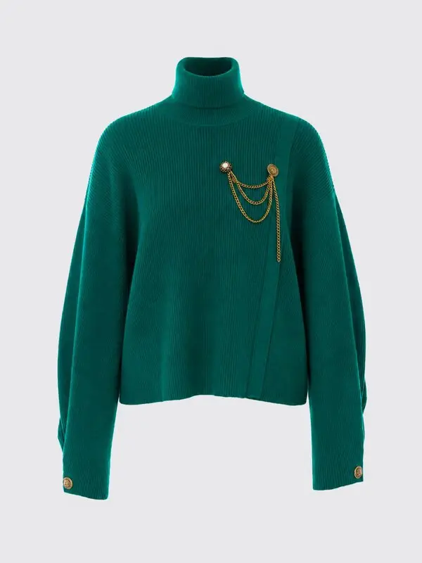 Liu Jo Ribbed Turtleneck Jumper With Brooch And Metallic Mesh