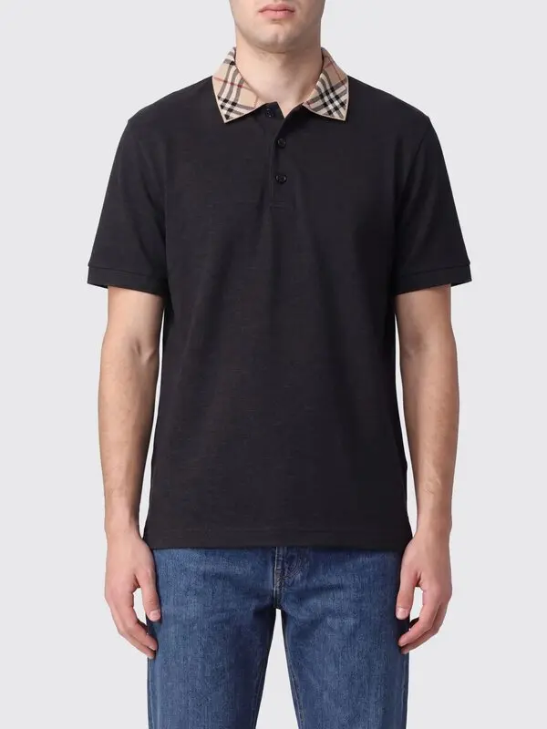 Burberry Cotton Polo Shirt With Check Collar And Ekd Logo Embroidery - Black