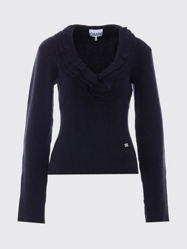 GANNI Ribbed Knit Sweater With Ruffle Neck