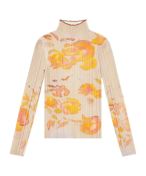DIESEL® Ribbed Wool Turtleneck Top With Floral-print - Yellow/beige