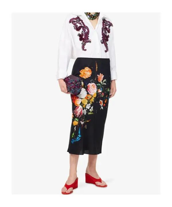 Dries Van Noten Floral Print Satin Midi Skirt