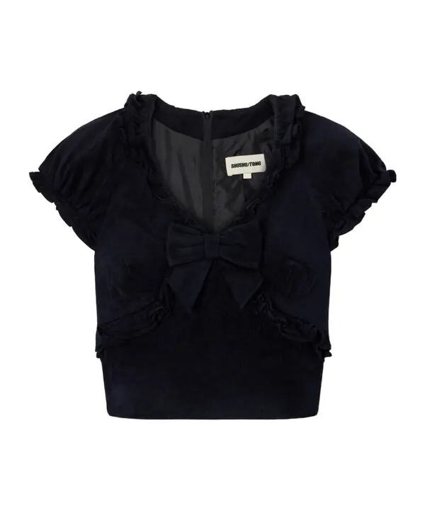SHUSHU/TONG Velvet Bow-tie Ruffle Cropped Top - Blue