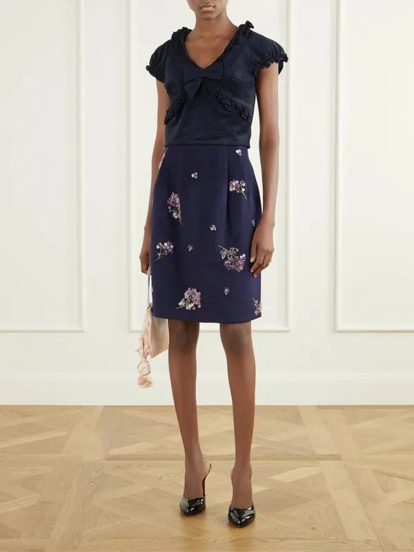 SHUSHU/TONG Velvet Bow-tie Ruffle Cropped Top - Blue