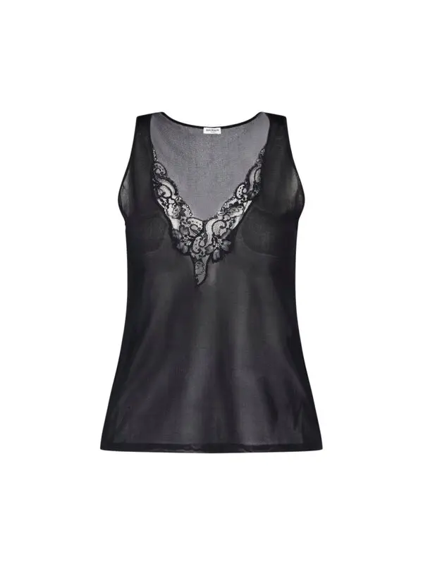Balmain Lace Trim Sheer Tank Top - Black