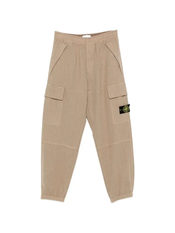 Stone Island Virgin Wool Cargo Trousers With Hidden Snaps, Elastic Cuffs & Drawstring Waist - Beige