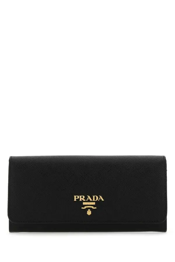 Prada 19cm Leather Wallet With Golden Metal Finishing, 10cm Height, 2cm Depth - Black