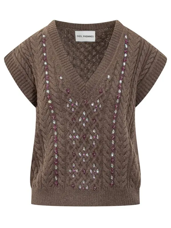 DES_PHEMMES Embellished V-neck Cable Knit Vest - Chocolate
