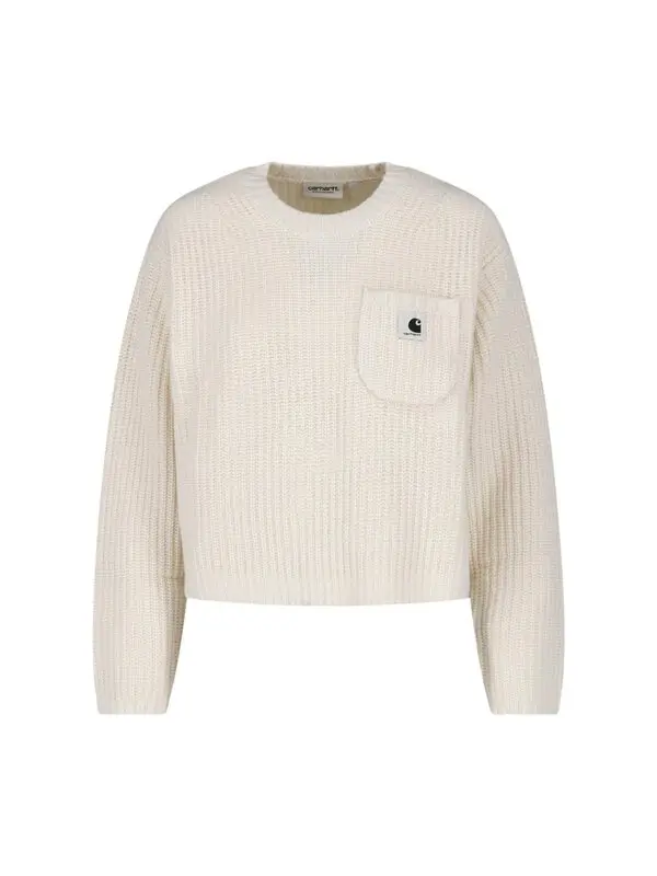 Carhartt Work In Progress Ribbed Cropped Crewneck Sweater With Chest Pocket - White