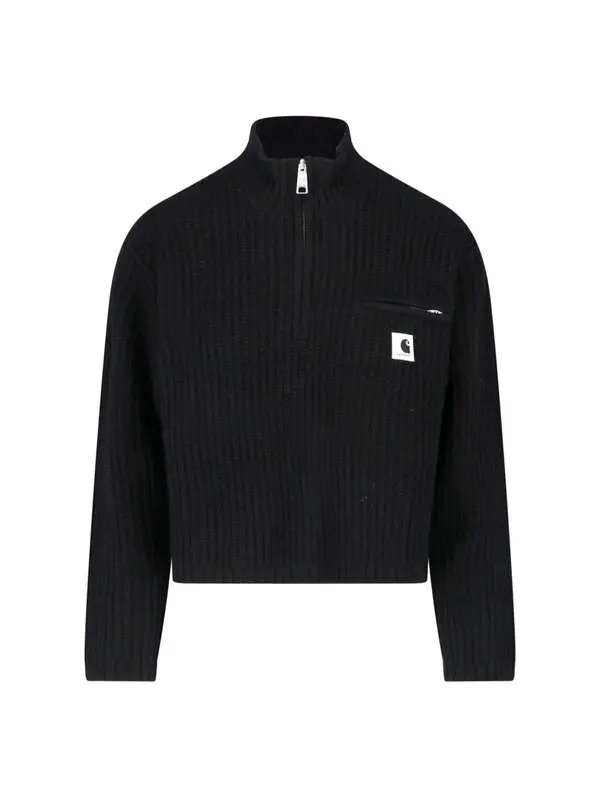 Carhartt Work In Progress Ribbed Knit Mock Neck Half-zip Sweater With Chest Pocket - Black