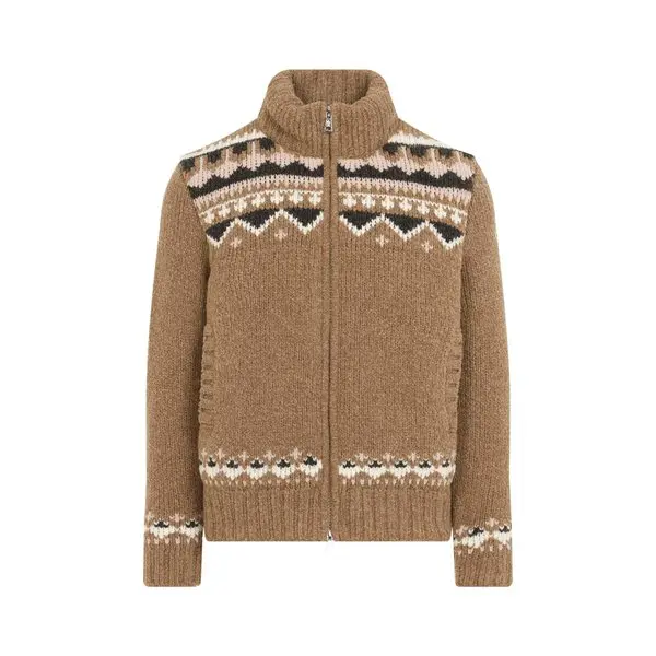 Moncler Jacquard Wool Blend Cardigan Jacket - Brown