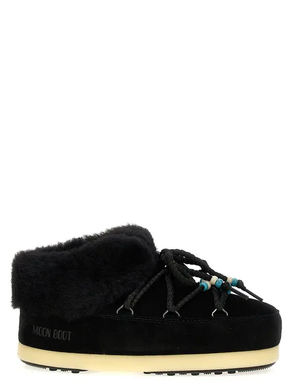 Moon Boot Suede & Shearling Mule Ankle Boots With Beaded Tie Fastening