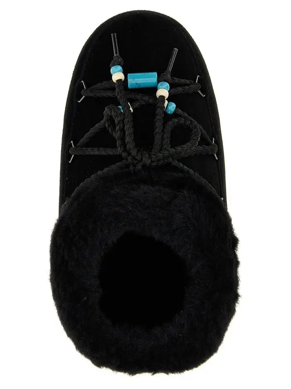 Moon Boot Suede & Shearling Mule Ankle Boots With Beaded Tie Fastening