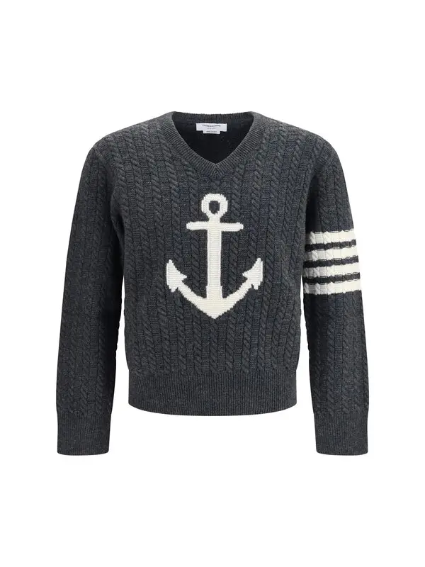 Thom Browne Anchor Motif Merino Wool Sweater - Gray