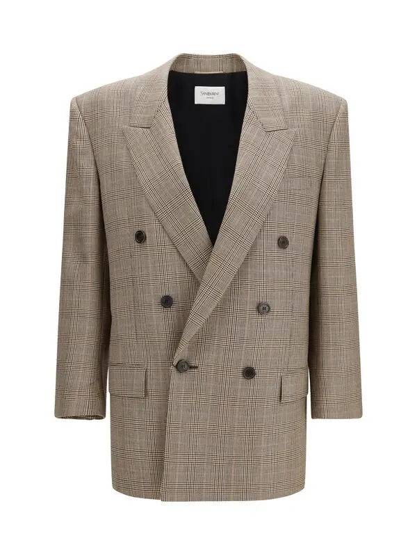 Saint Laurent Prince Of Wales Houndstooth Wool Blazer - Cream