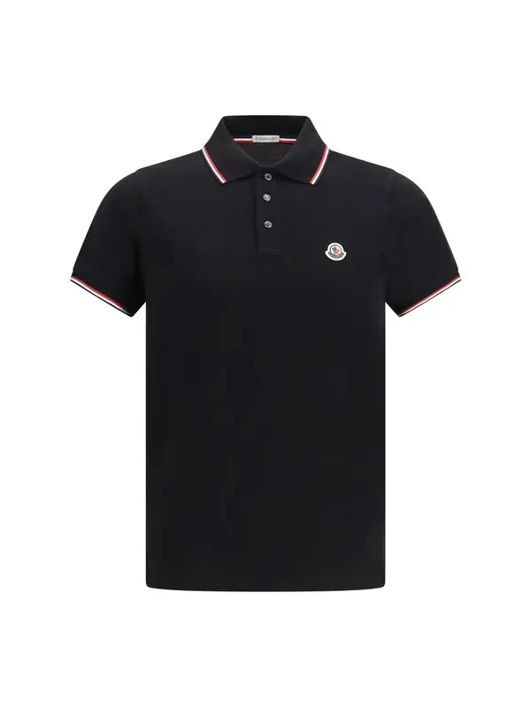 Moncler Polo Shirt In Cotton Piqué With Tricolour Details - Black