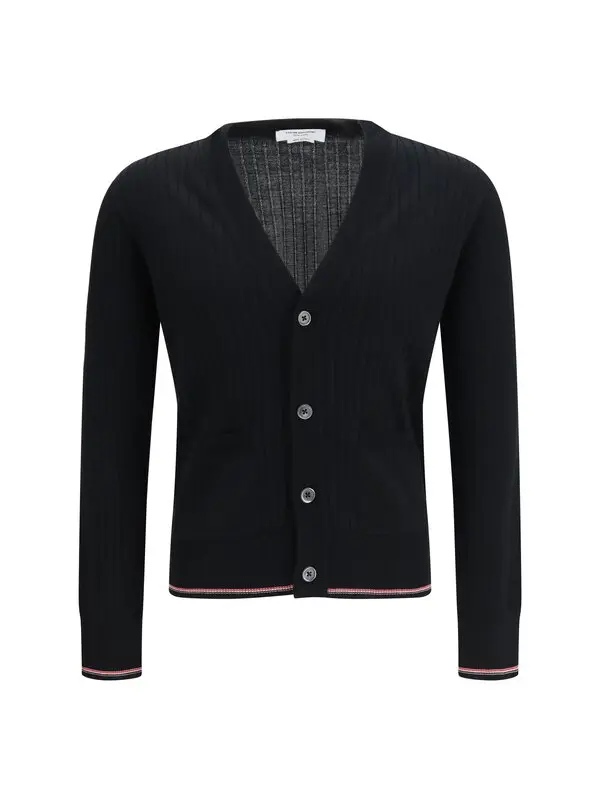 Thom Browne Ribbed Merino Wool V-neck Cardigan - Black