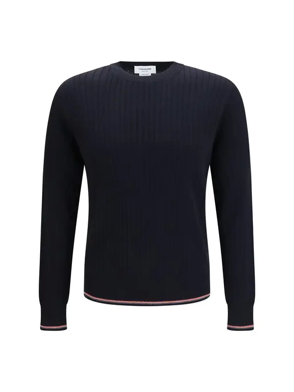 Thom Browne Crewneck Cotton Knit Sweater With 4-bar Detail - Blue