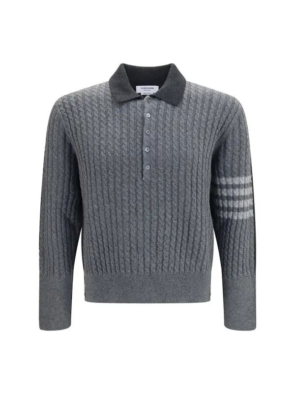 Thom Browne 4-bar Cable-knit Long-sleeve Polo Sweater - Gray