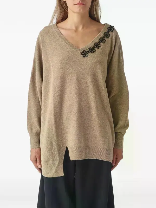 MEIMEIJ Asymmetrical V-neck Sweater With Embellished Neckline