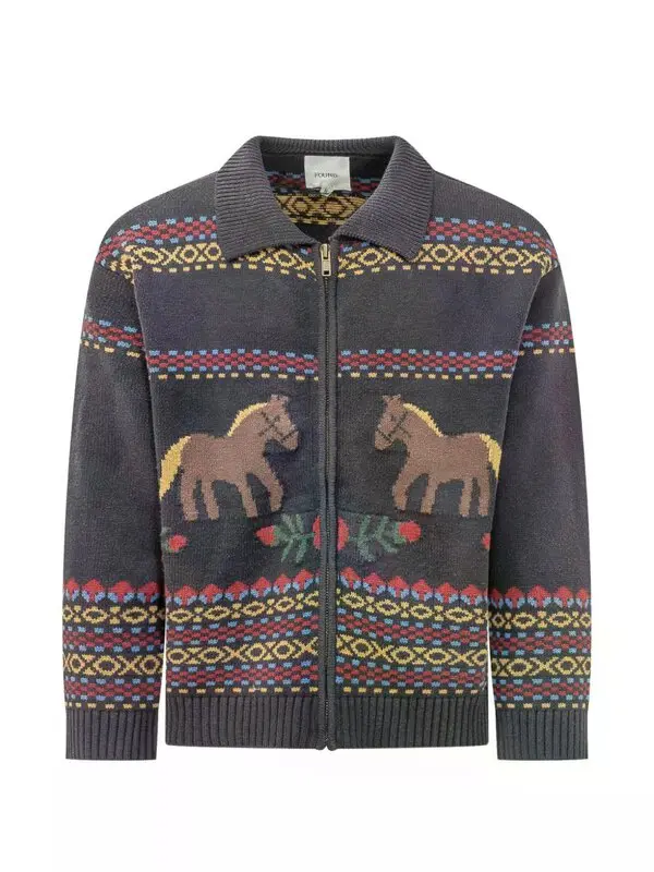FOUND Isles Horse-intarsia Zip-up Cardigan