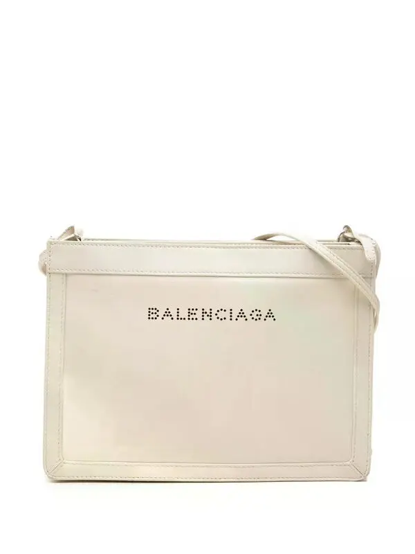 Balenciaga 2017 Leather Perforated Logo Navy Pochette Crossbody Bag - White