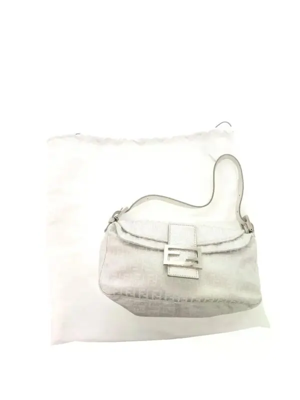 Fendi 2000-2010 Zucchino Metallic Canvas Double Flap Shoulder Bag - Silver