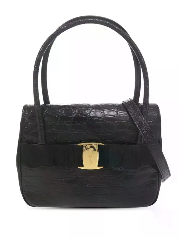 FERRAGAMO 2000-2026 Croc Embossed Leather Vara Bow Satchel - Black