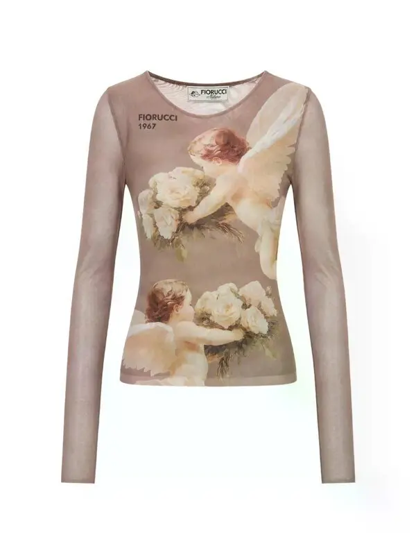 Fiorucci Bouquet Angels Print Mesh Top - Neutrals