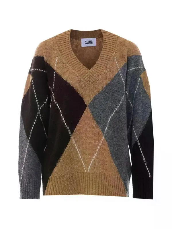 Alpha Studio Argyle V-neck Sweater