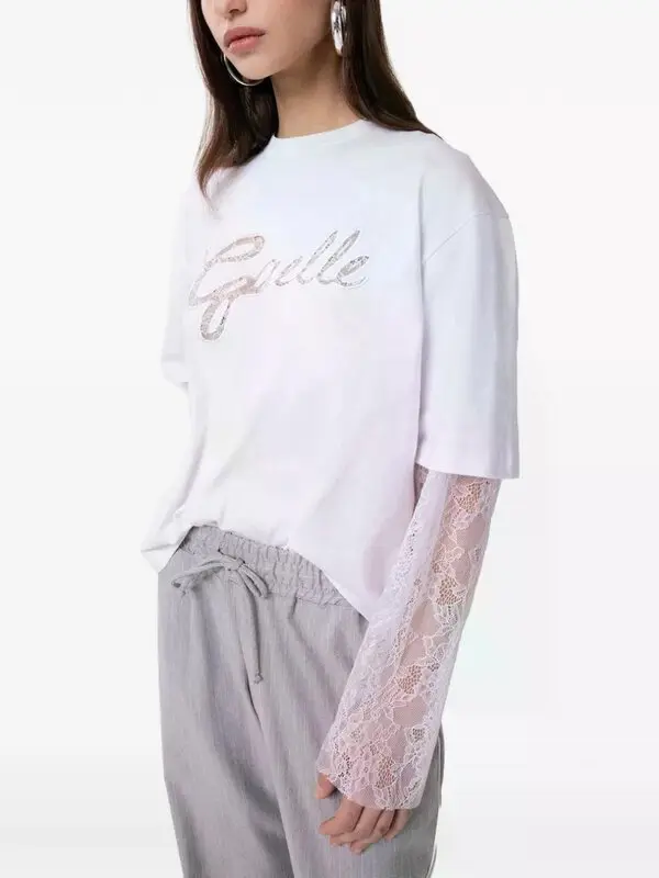 GAELLE PARIS Lace-panelled Logo-embroidered T-shirt